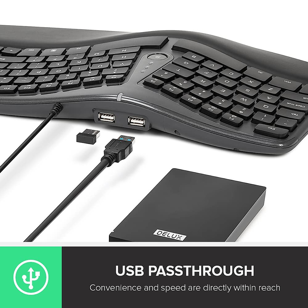 DeLUX Wired Ergonomic Split Keyboard with Wrist Rest, Ergo Keyboard with 2 USB Passthrough, Natural Typing Reducing Hand Pressure, 107 Keys, for Windows and Mac OS (GM901U-Black)