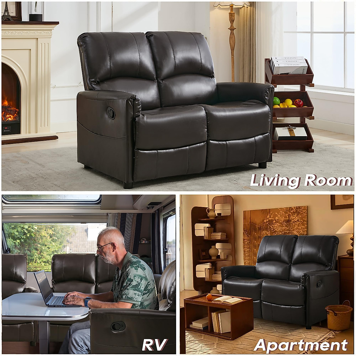 TUNYI 48.2" Loveseat Recliner RV Sofa - Double Manual Recliner Loveseat Glossy Leather Reclining Loveseat RV Furniture with 1" Leg and Side Pocket for Living Room/Apartment/RV (Brown)