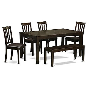 East West Furniture Lynfield 6 Piece Set Contains a Rectangle Dining Room Table with Butterfly Leaf and 4 Faux Leather Upholstered Chairs with a Bench, 36x66 Inch, Cappuccino