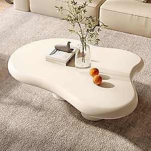 QEZEOM Cloud Coffee Table,Unique Wavy Design, Irregular Shape Living Room Coffee Table, Modern Aesthetic Cute Funky Indoor Center Table for Living Room Bedroom, 46.06in, Cream White