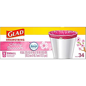 Glad OdorShield Small Drawstring Trash Bags, 4 Gallon Trash Bag, Febreze Cherry Blossom, 34 Count (Package May Vary)
