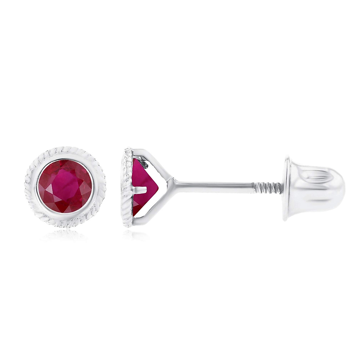 Sterling Silver Rhodium 3mm Round Ruby Rope Bezel Screwback Earrings