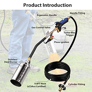 Propane Torch Burner Weed Torch High Output 800,000 BTU with 9.8FT Hose,Heavy Duty Blow Torch with Flame Control and Turbo Trigger Push Button Igniter,Flamethrower for Garden Wood Ice Snow Road (Blue)