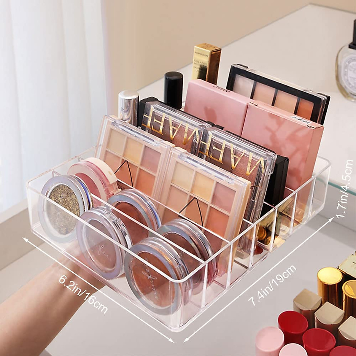 TWUTGAYW Eyeshadow Palette Organizer, Acrylic Clear Make Up Organizers and Storage Holder, Cosmetics Makeup Drawer Organizer for Vanity Bedroom 7 Section BPA Free Vanity Organizers and Storage