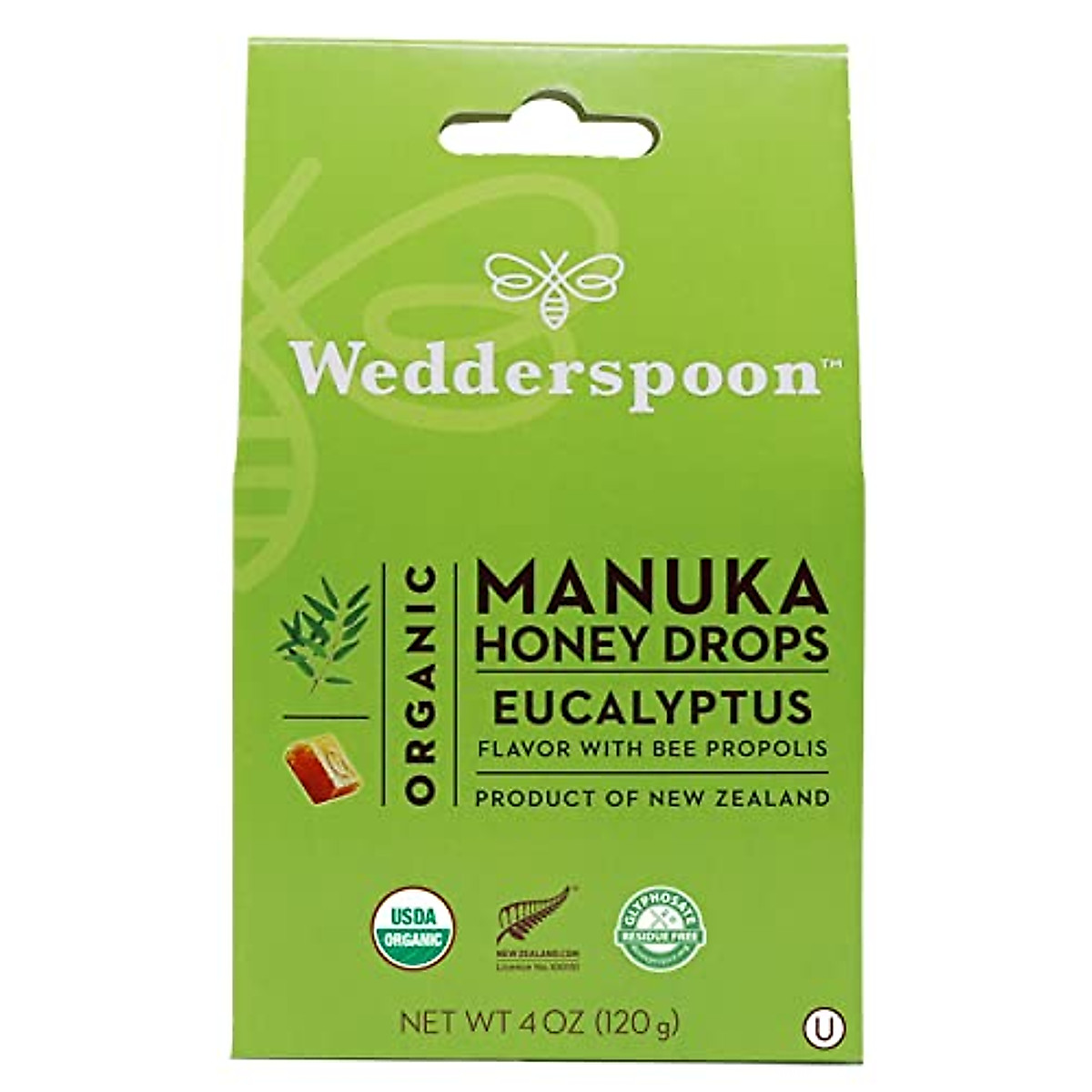 Wedderspoon Organic Manuka Honey Drops, Eucalyptus & Bee Propolis, 20 Count (4oz) (Pack of 1)| Genuine New Zealand Honey | Perfect Remedy For Dry Throats
