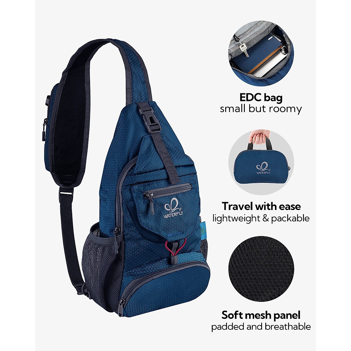 WATERFLY Packable Small Crossbody Sling Backpack Shoulder Chest Bag Daypack for Hiking Traveling Blue