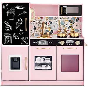 Best Choice Products Pretend Play Kitchen Wooden Toy Set for Kids w/Realistic Design, Telephone, Utensils, Oven, Microwave, Sink - Pink Floral