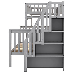 Polibi Twin Over Full Stairway Bunk Bed, Solid Wood Bunk Bed with Storage Shelves， No Spring Box Needed, Grey