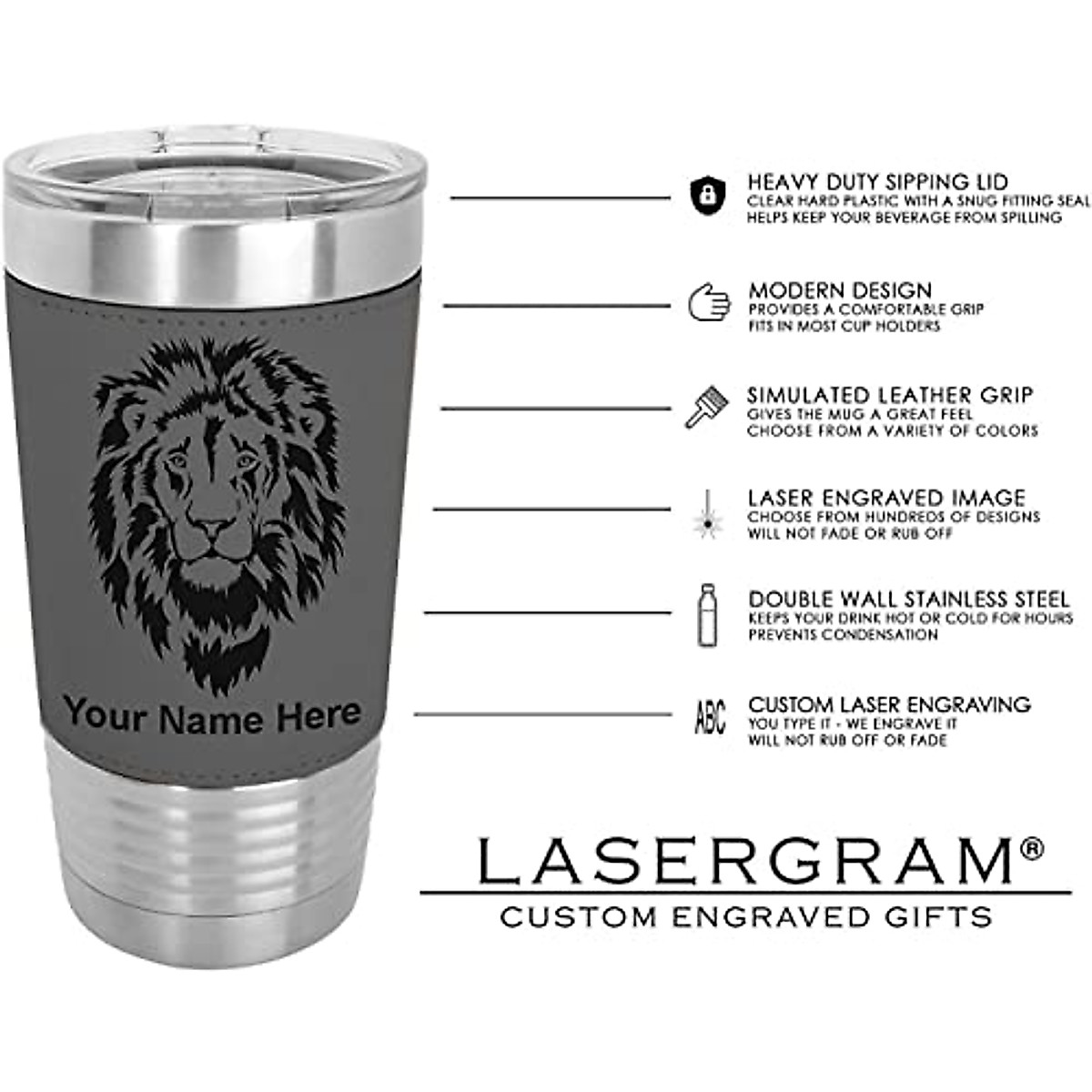 LaserGram 20oz Vacuum Insulated Tumbler Mug, Trombone, Personalized Engraving Included (Faux Leather, Gray)