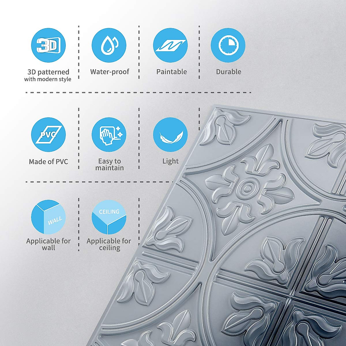 Art3d Drop Ceiling Tiles 2x2, Glue-up Ceiling Panel, Fancy Classic Style in Gray