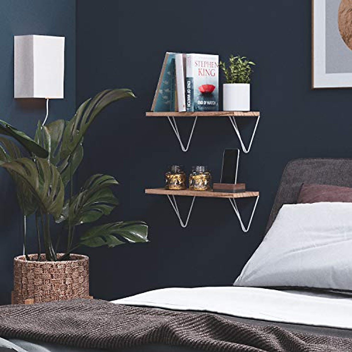 Wallniture Colmar 17"x6" Floating Shelves for Bedroom Wall Decor, Wood Wall Shelf Set of 2, Wall Bookshelf Set, Floating Shelf Natural Burnt with White Shelf Brackets