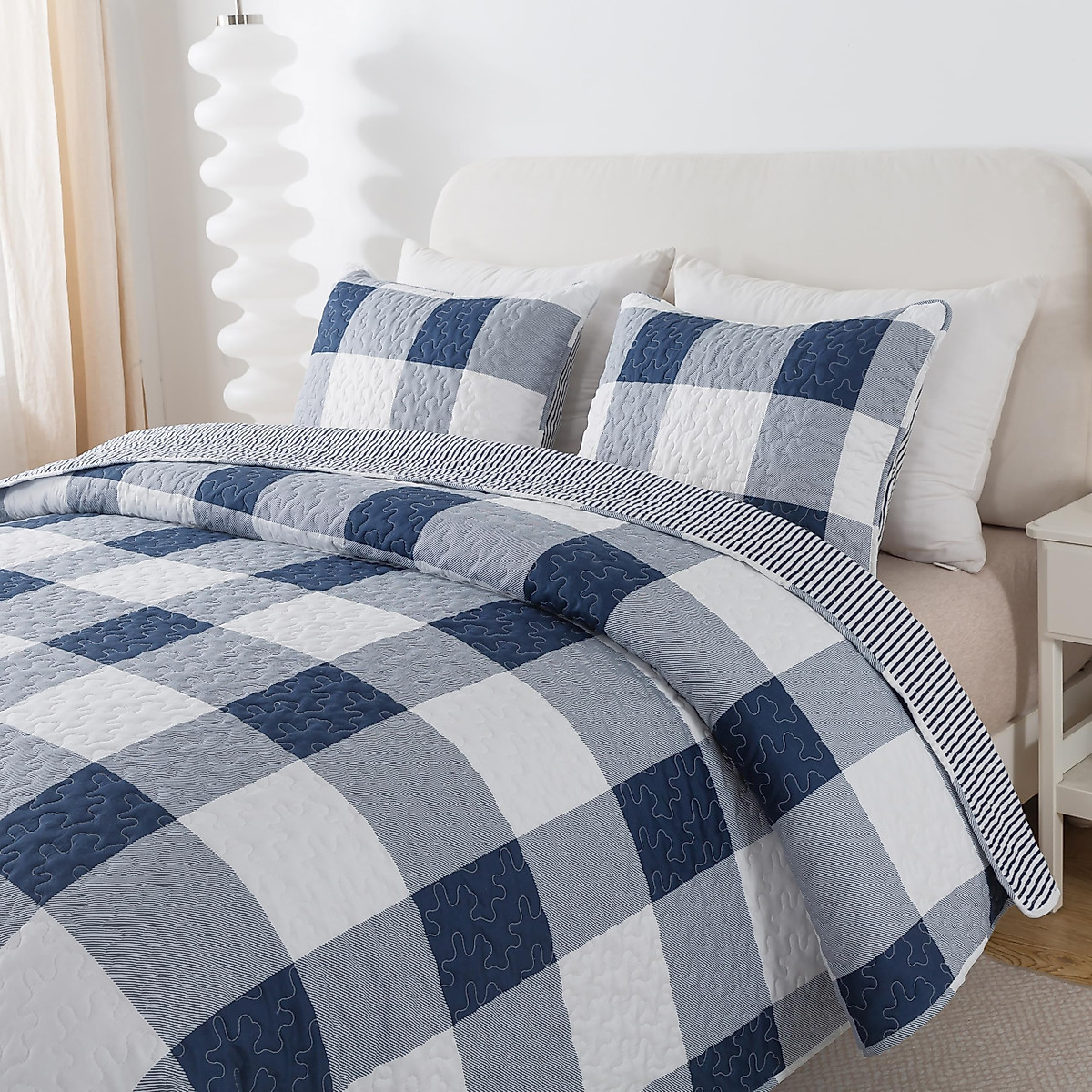 Soul & Lane Checks and Stripes Quilts Set - King Size with 2 Shams, Blue and White Buffalo Plaid Quilted Bedspread, Lightweight Navy Checkered Gingham Bedding, Cozy Lodge-Style Check Design