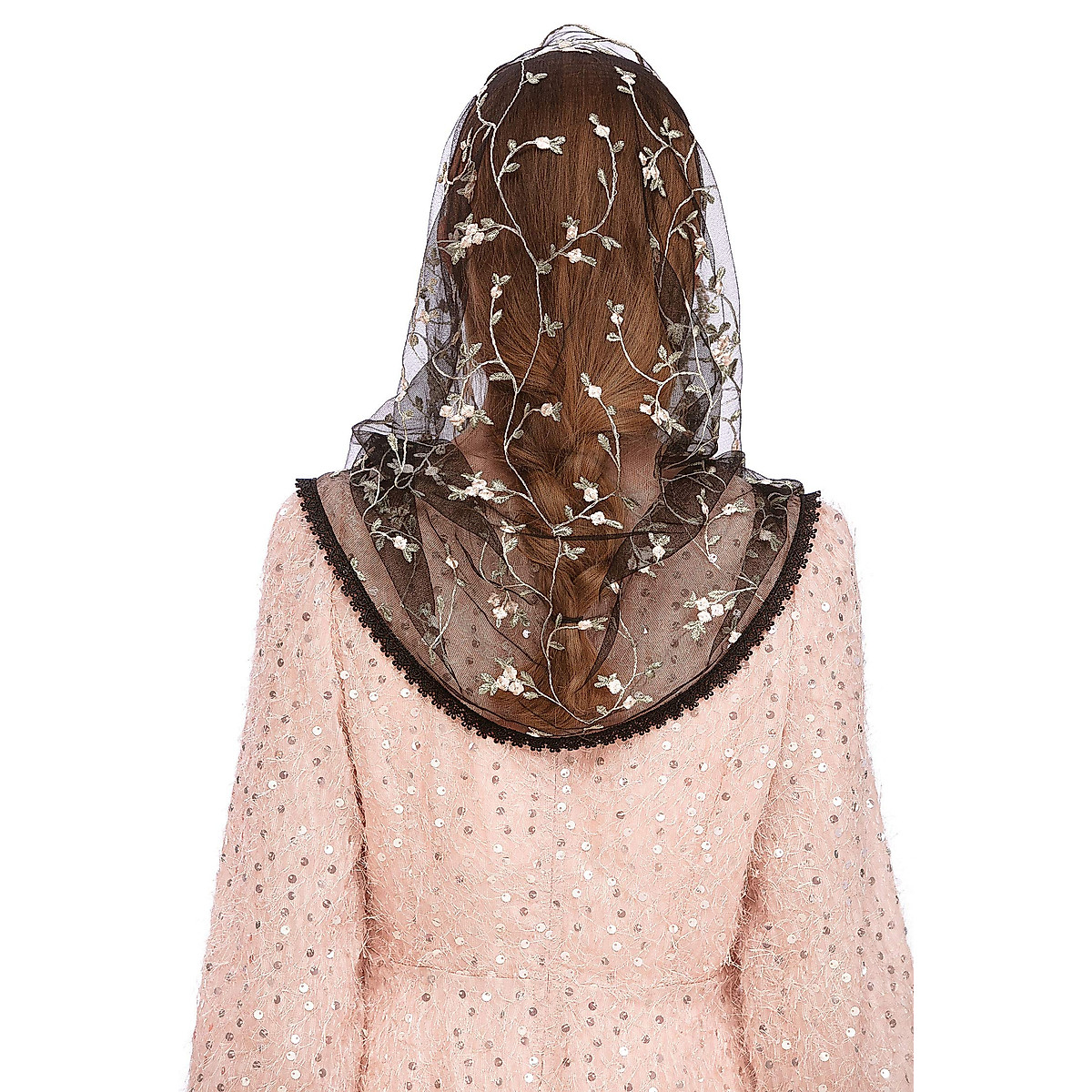 PAMOR Chapel Veils Mantilla Infinity Veil Latin Mass Little Flower Soft Embroidered Lace Head Covering Scarf (Black)