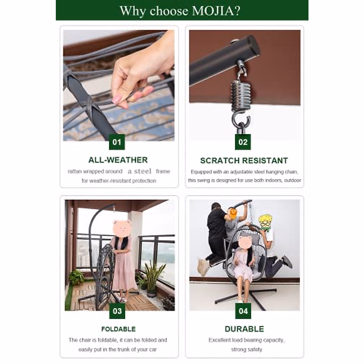 MOJIA Egg Chair with Stand and Oxford Cover, 450lbs Capacity Patio Wicker Hanging Swing Chair Indoor Outdoor with UV Resistant Cushion and Foldable Seat Basket