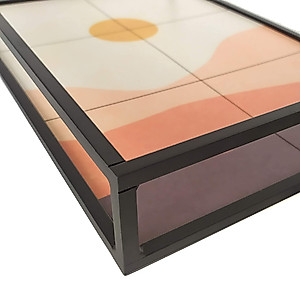 Modern Elegant Decorative Art Design Ottoman Tray with Handles for Coffee Table. Rectangle Living Room Kitchen Serving Tray with Metal Structure and Handles Designed with Ceramic Style. (Black)