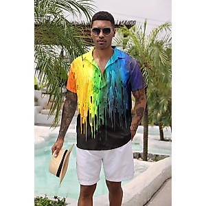 Hawaiian Men's Paint Button Down Shirts Gay Pride Black Pigment Tie Dyed Graphic Rainrow Short Sleeve Blouse Tee Top Black Aloha Colorful Shirt