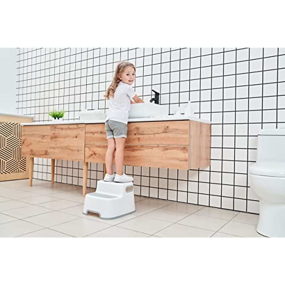 UNCLE WU Kid-Friendly Step Stool - Lightweight and Easy to Clean - Bathroom Safety Sturdy Bottom as Toilet Stool/Dual Height & Wide Two Step Stool for Toddler/Adult (Gray White) 2 Pack