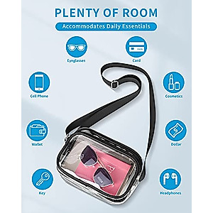 Clear Bag Stadium Approved PVC Clear Crossbody Bag Clear Purse with Front Pocket for Work Concert Security Travel Sports Black