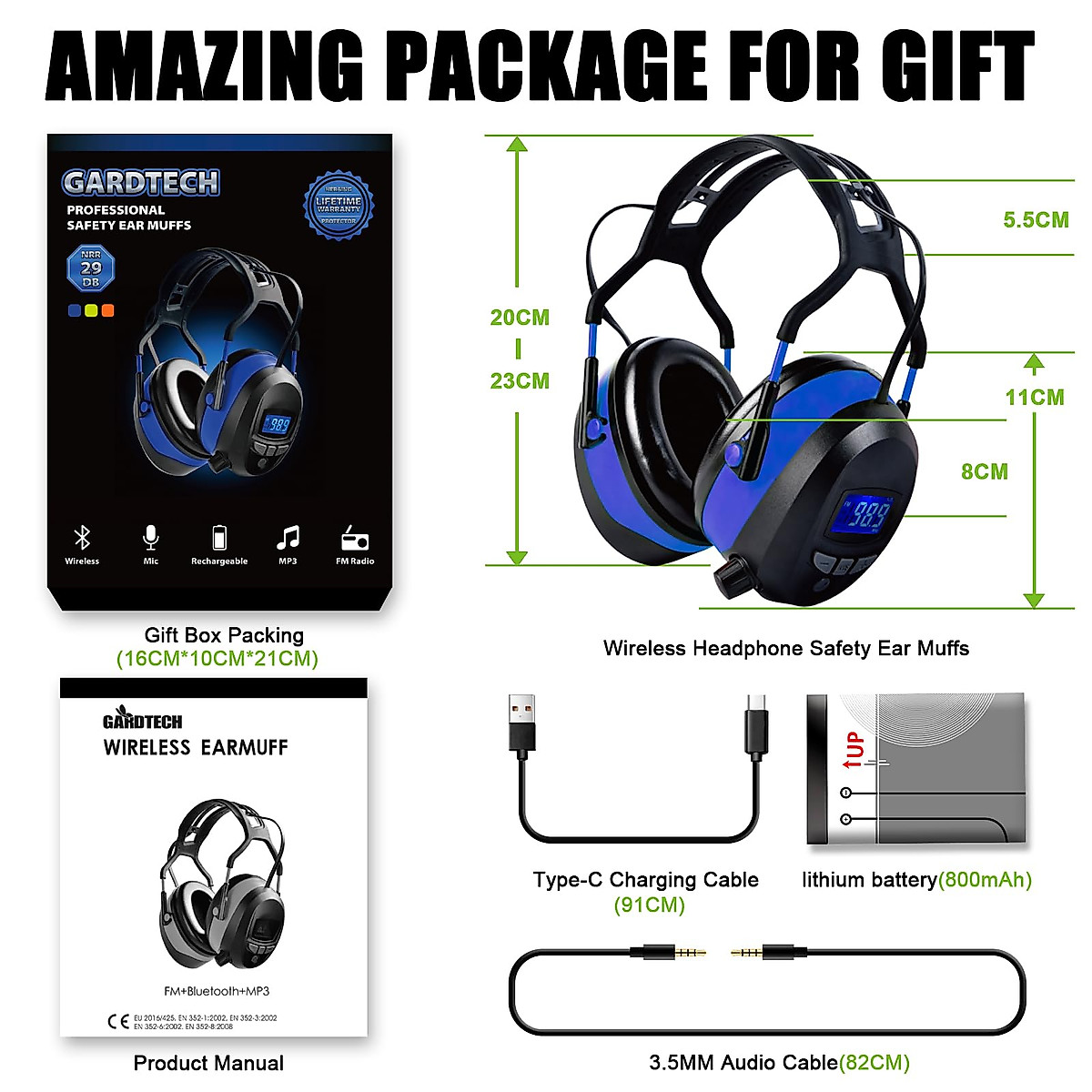 Gardtech Hearing Protection with Bluetooth, FM Radio Earmuffs, NRR 29dB Hearing Protection Headphones Noise Cancelling Headphones with MP3 for Mowing Lawn Work, Rechargeable BL-5B Battery