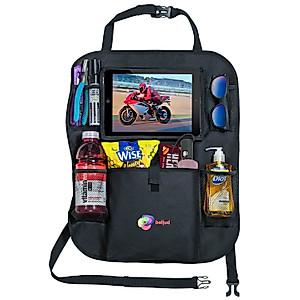 Durable Backseat Car Organizer- Kick Mats Back Seat Protector- Heavy Duty Car Organizer for Kids with Touchable Tablet Holder and Extra Storage Pockets, Car Travel Accessories, Perfect for Travel, Car