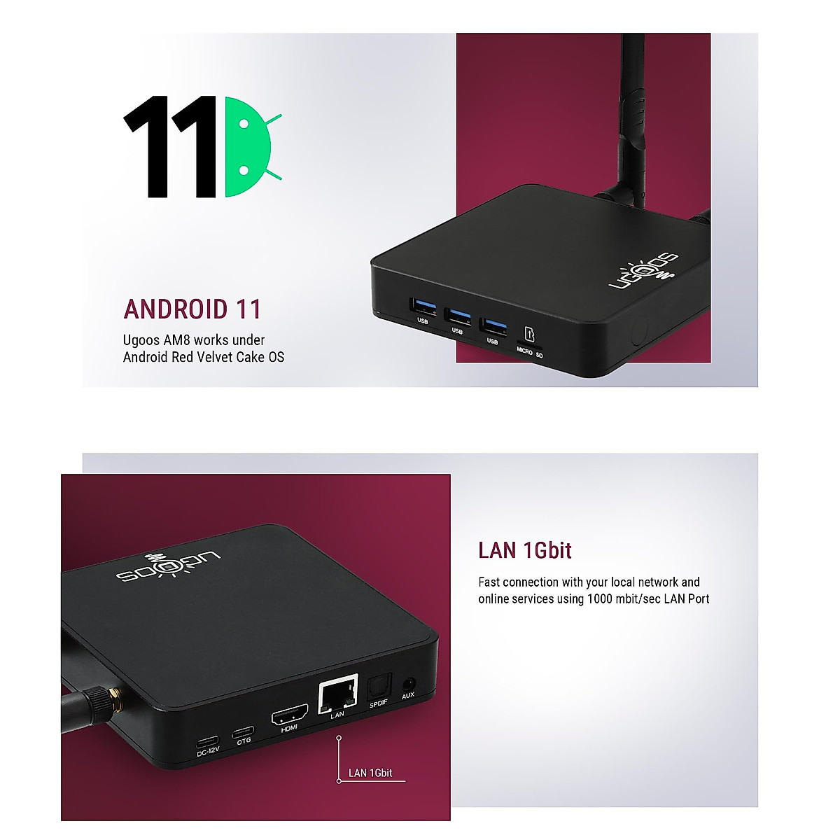 Ugoos AM8 8K Ultra HD Android TV Box Android 11.0 Amlogic S928X-J LPDDR4 4GB RAM 32GB ROM WiFi6E 1000M LAN BT5.3 USB3.0 Support AV1 H.265 8Kx4K 60fps HDR Set Top TV Box