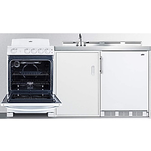 Summit Appliance ACK72COILW 72" Wide All-in-One Kitchenette with 220V 4-Element Electric Coil Range, Refrigerator-Freezer, Sink, Cutting Board and Cutlery Storage, and a Storage Cabinet