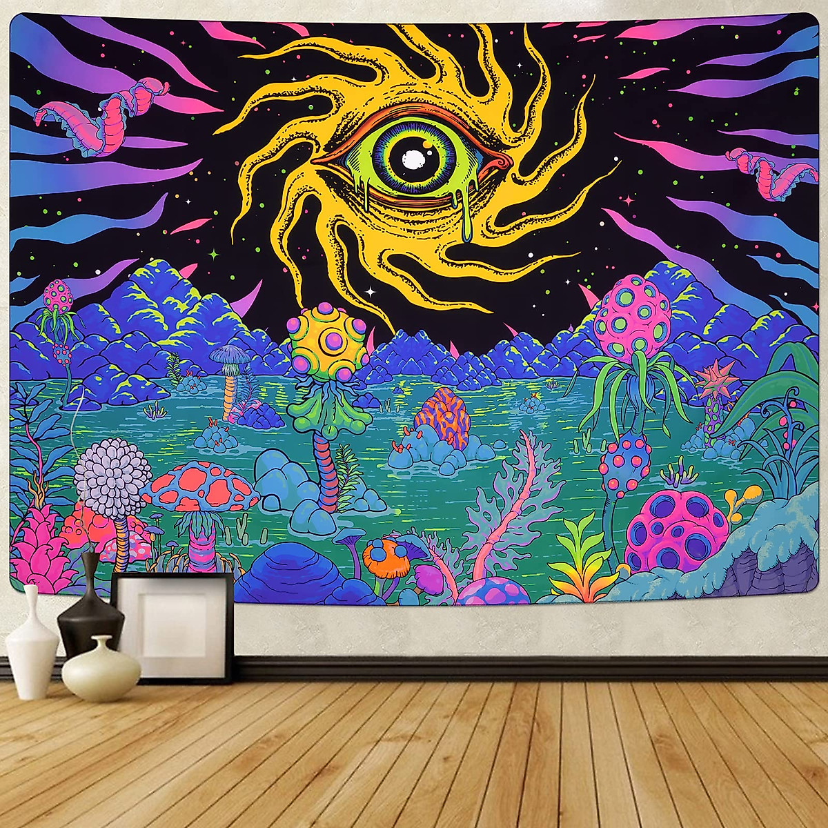 Uspring Blacklight Burning Sun Tapestry UV Reactive Sunset Mushroom Tapestry Hippie Eyes Tapestries Ocean Plant Tapestry Aesthetic Mountain Tapestry Wall Hanging for Bedroom(59.1 x 82.7 inches)