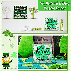 2 Pieces St. Patrick's Day Wood Decors Wood Box Signs Irish Rustic Tabletop Decor Wood Block Plaque May Your Blessings Irish Kisses Shamrock Wishes for St. Patrick Home Table Decorations, 8 x 8 Inch