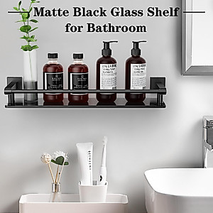 SFGSOWOR Bathroom Glass Shelf with Towel Bar/Rack 20 inches Wall-mounted Shelves Tempered Glass Sink Toilet Organizer Shower Towel Decorative Storage (Matte Black, 20‘’)