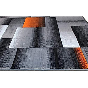 Modern Geometric Abstract Boxes Squares Orange Grey Black Carpet Bedroom Living Room Contemporary Dining Accent (5’ 3” X 7’ 5”)