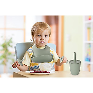 AULEGE Silicone Baby Bibs Set of 2, Spoon Fork, BPA Free Soft Durable Adjustable Waterproof Silicone Feeding Bibs for Babies and Toddlers 6+month (Muted/Peach)