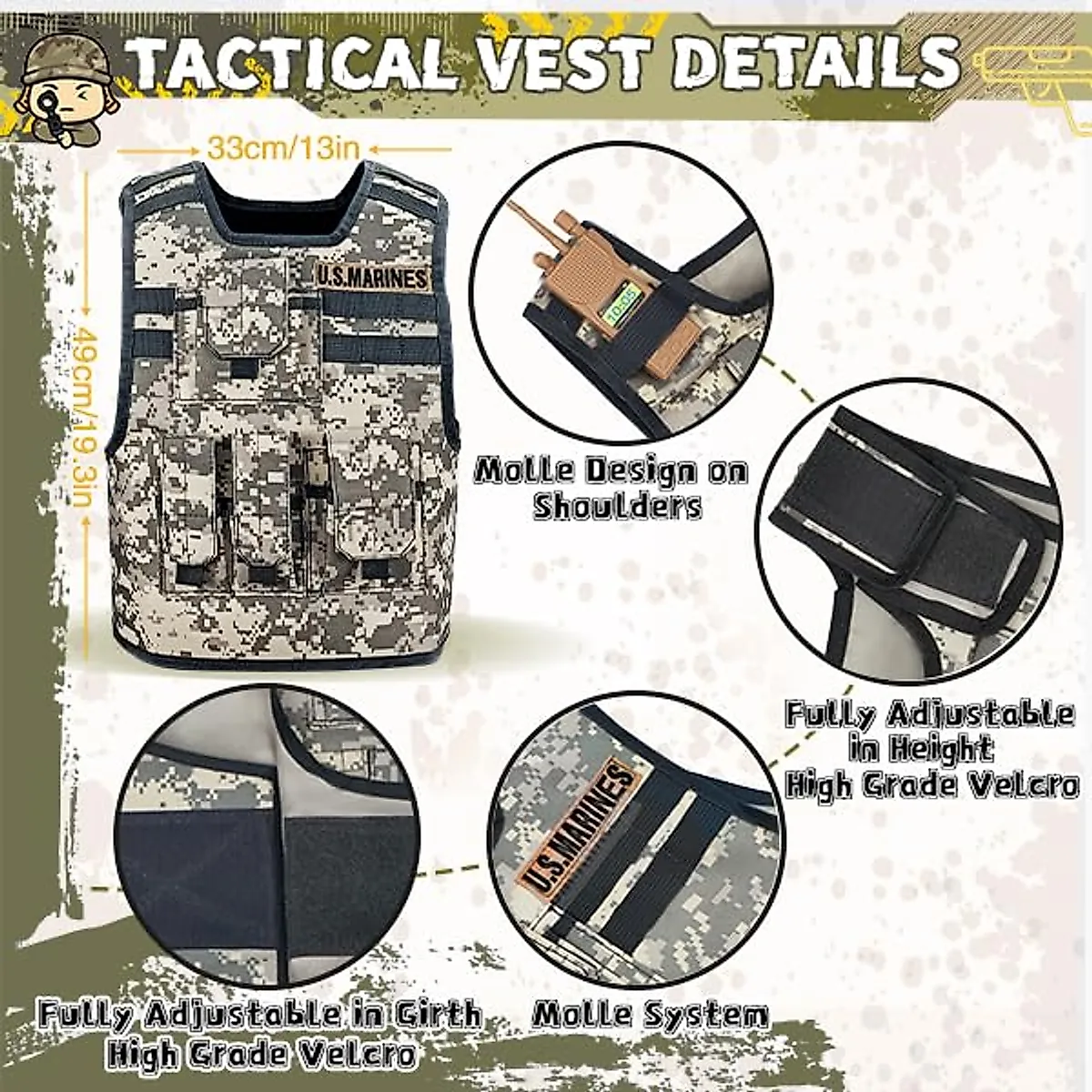 UNIH Army Costume for Kids, Boys Military Soldier Costume with Tactical Vest And Toy Accessories Gear, Halloween Costumes for Boys Kids 3-10 (L)