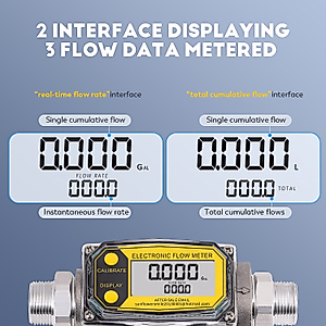 CGOLDENWALL 1” Turbine Fuel Meter, Stainless Steel Water Meter with 1-inch NPT Adapters, Gallon Liquid Flowmeter, Digital Inline Flow Meter for Liquids, Required Flow Rate 2.5-26GPM