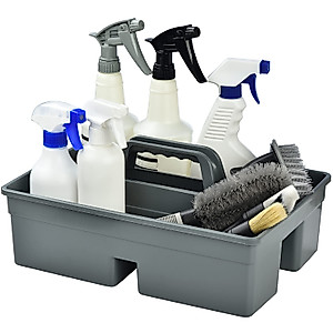 3-Compartment Plastic Cleaning Caddy Tray– Stackable Large Commercial Quality Plastic Tool Organizer Bucket with Handle, Grey