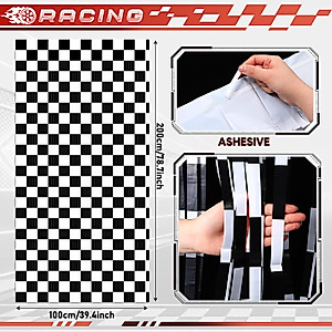 WovWeave 2 Pack Race Car Backdrops Birthday Party Decorations Checkered Backdrop Black and White Foil Fringe Curtains for Race Car Birthday Fast Wheels Lightning Party Decoration Banner Photo Prop