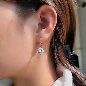 DovEggs Moissanite Earrings Center 2ct 5x7mm Blue Color Oval Special Quality Crushed Ice Cut CZ Simulated Diamond Halo Moissanite Leverback Drop Hoop Earring Earrings for Women Sterling Silver