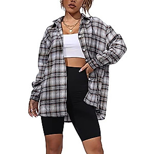 LYANER Women's Long Sleeve Plaid Collar Button Down Boyfriend Shirt Blouse Top Grey 3X-Large