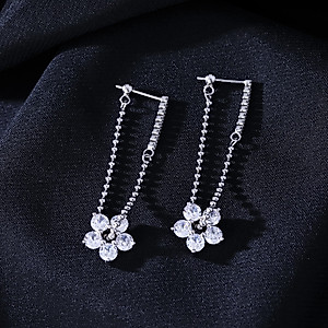 SLUYNZ 925 Sterling Silver CZ Flower Dangle Earrings Chain for Women Crystal Flower Drop Earrings Tassel Chain (A-Silver)