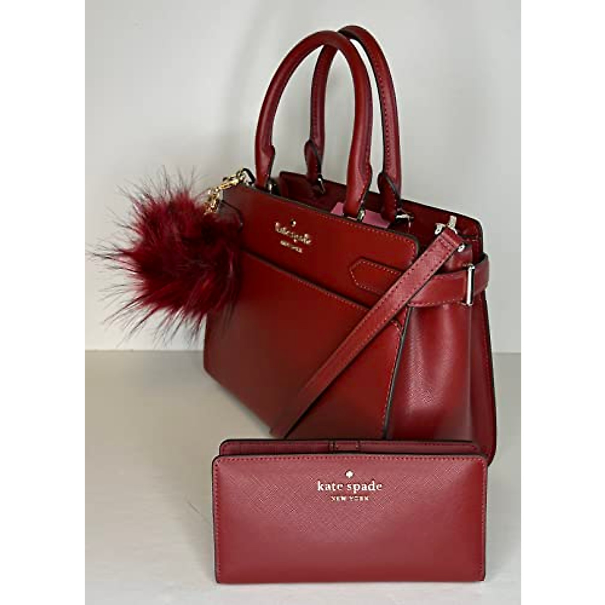 Kate Spade New York Staci MD Satchel bundled with matching Slim Bifold Wallet and Fur Pom (Red Currant)