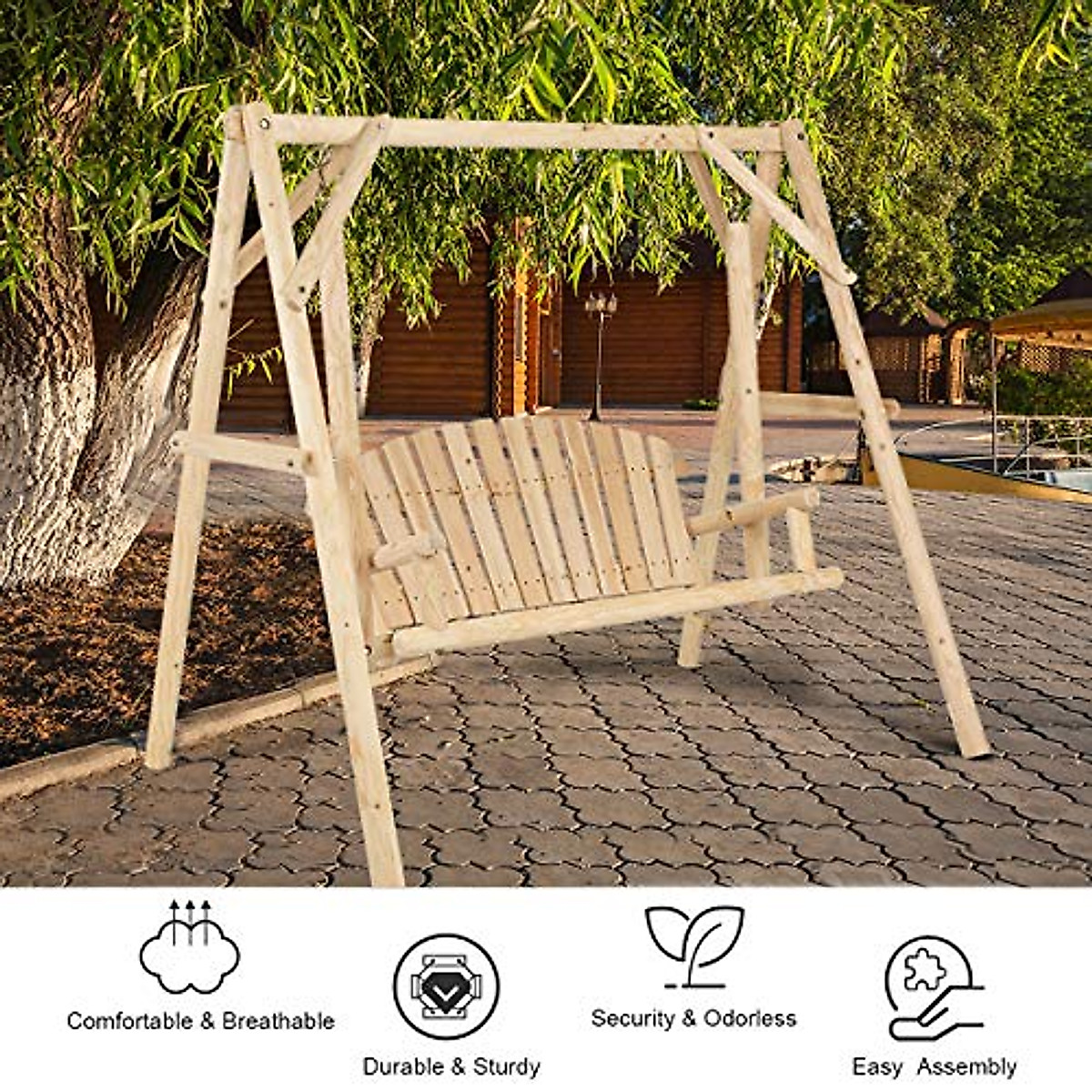 Tangkula Wooden Porch Swing, A-Frame Wood Log Swing Bench Chair, Outdoor Rustic Curved Back Swing Chair for Patio Garden Yard