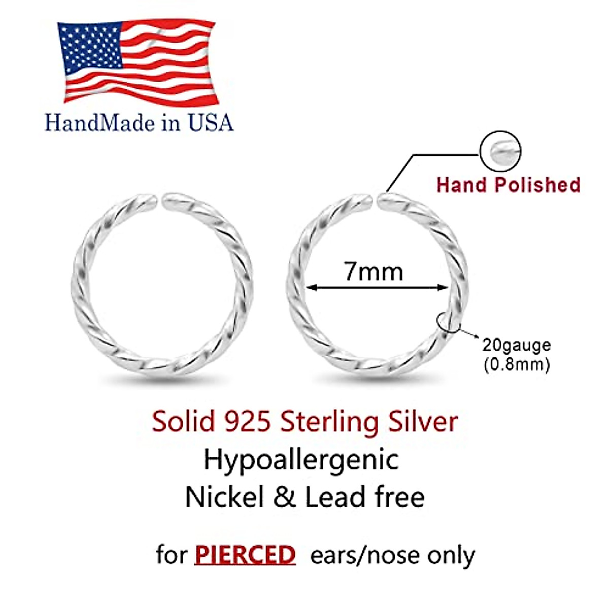 Small Twist Huggie Hoop Earrings for Women Girls, Sterling Silver Piercings Hoop Ring for Cartilage Nose Helix Conch Tragus 20 Gauge, 7mm
