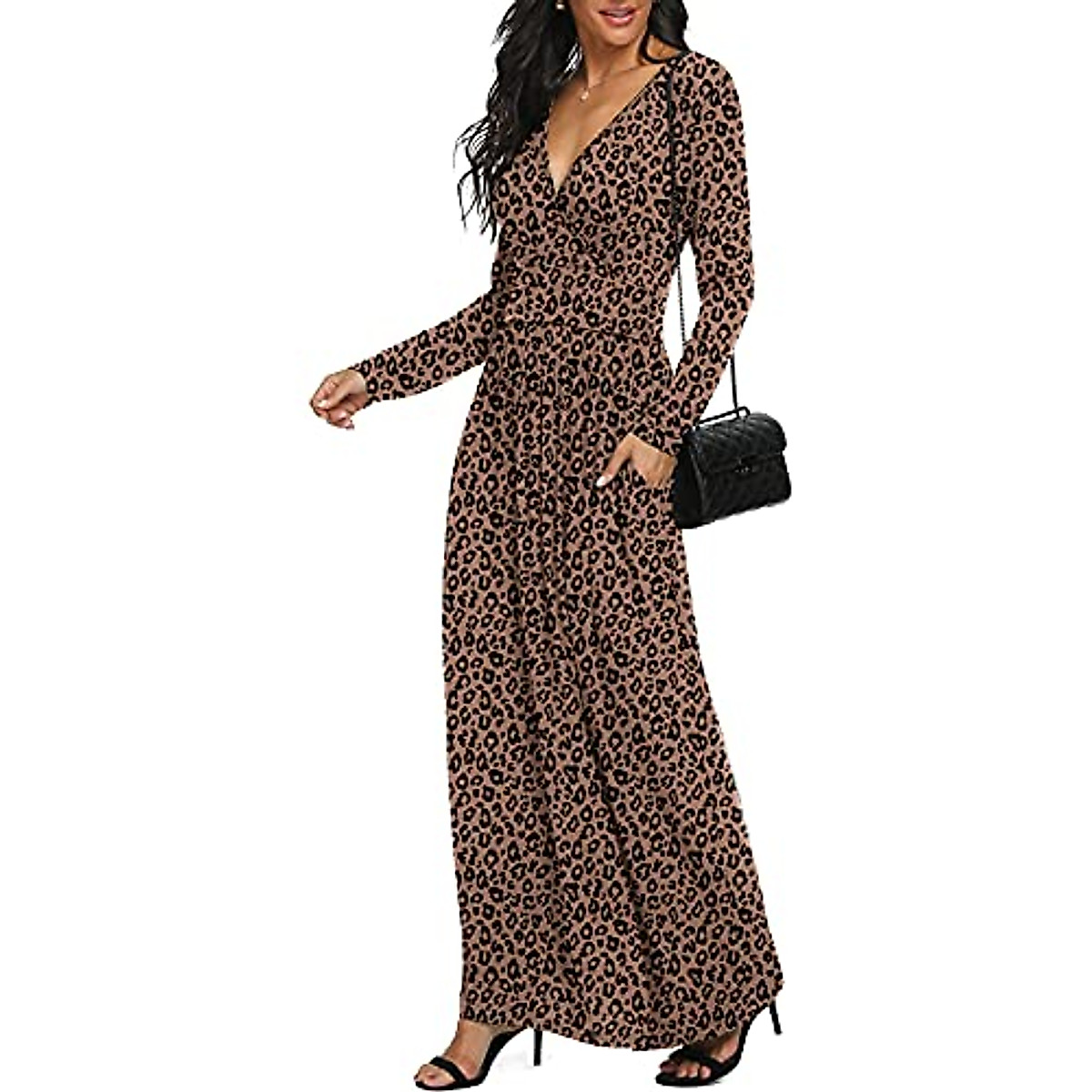 LILBETTER Women Long Sleeve Deep V Neck Loose Plain Long Maxi Casual Dress(F Leopard Deep Khaki,Large)