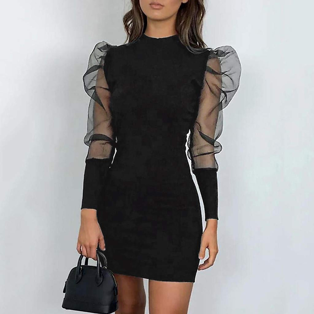 Shakumy Women Puff Mesh Long Sleeve Round Neck Bodycon Pencil Party Mini Dress Casual Elegant Cocktail Club Short Dress