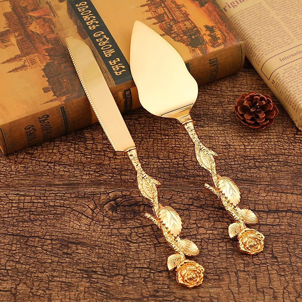 X Hot Popcorn Cake Cutting Set for Wedding Cake Knife and Server Set Cake Cutter Gold Cake Cutting Set for Wedding Birthday Party Kitchen Cutting Serving Desserts
