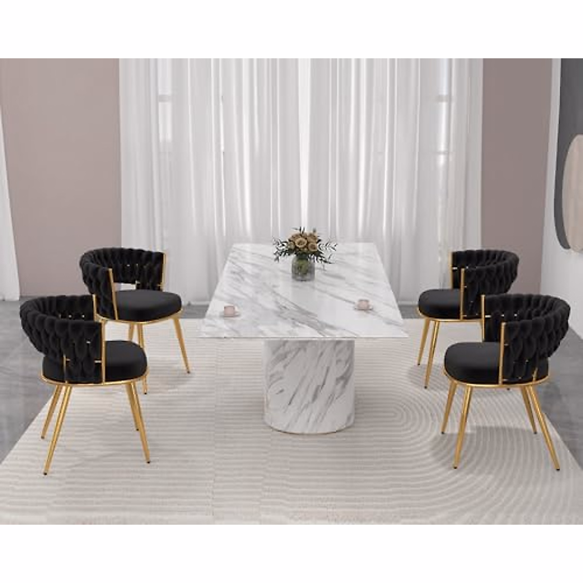 KCC Modern Velvet Dining Chairs Set of 2, Upholstered Living Room Chair with Woven Back and Golden Metal Legs, Mid-Century Accent Side Chair for Living Room, Dining Room, Kitchen, Black