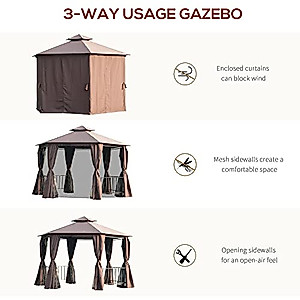 Outsunny 13' x 13' Patio Gazebo, Double Roof Hexagon Outdoor Gazebo Canopy Shelterwith Netting & Curtains, Solid Steel Frame for Garden, Lawn, Backyard and Deck, Coffee