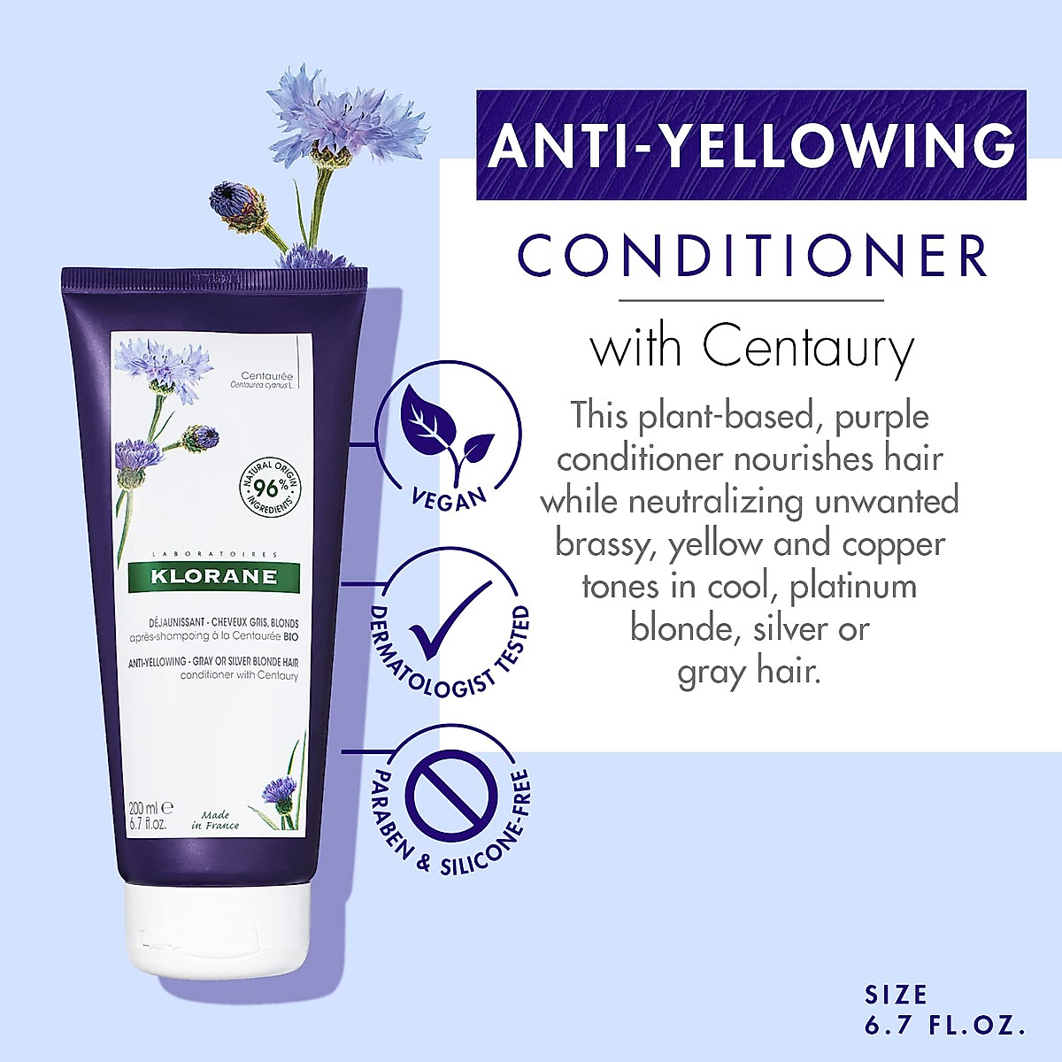 Klorane Plant-Based Purple Conditioner with Centaury, Brightens Blonde, Platinum, Silver, Gray or White Hair, Neutralizes Unwanted Yellow and Copper Tones, Paraben, Silicone and Sulfate Free, 6.7 fl.oz.