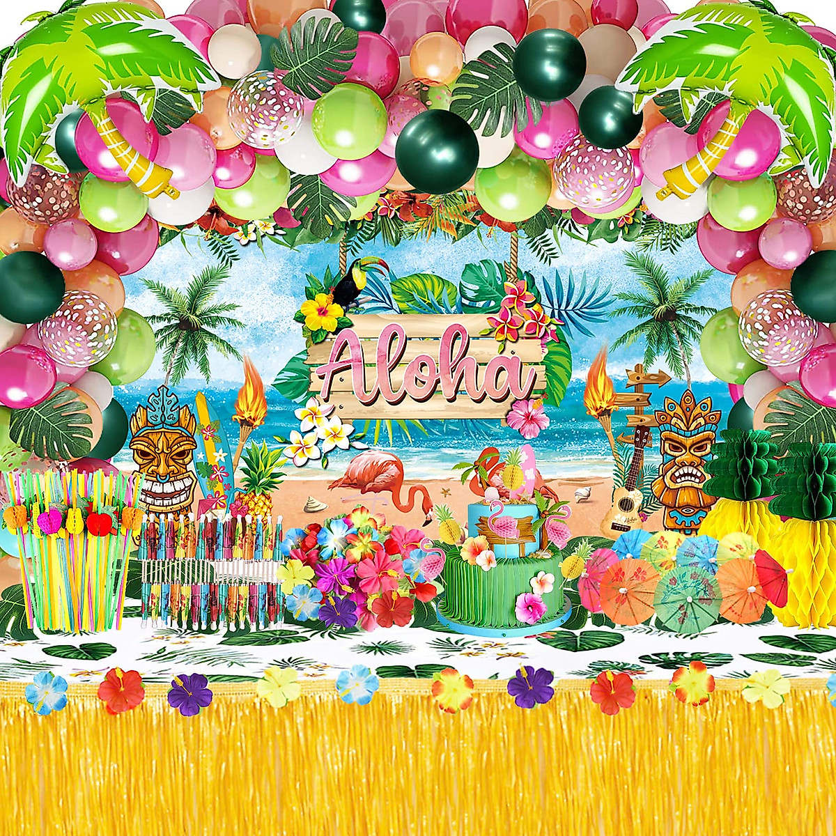 Hawaiian Luau Party Decorations(161 Pcs), Tropical Summer Beach Pool Party Supplies Including Aloha Backdrop, Table Skirt, Tablecloth, Flamingo, Palm Leaves and Hibiscus, Balloons Arch, Straws,