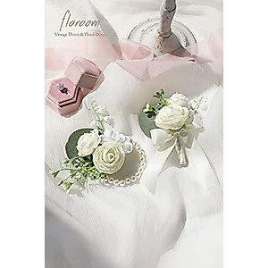 Floroom Ivory Ranunculus Peony Wrist Corsage Wristlet Band Bracelet and Men Boutonniere Set for White Wedding Flower Accessories Prom Suit Decorations