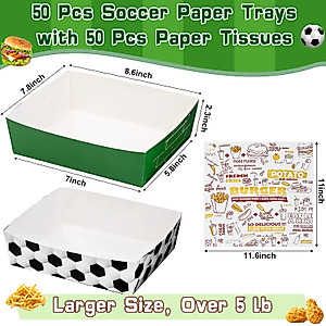 50 Pack Soccer Party Favors 5 lb Paper Food Trays Large Soccer Paper Food Boats Disposable Serving Tray Snack Trays for Food, Condiment, Carnivals, Birthday, Party Decorations
